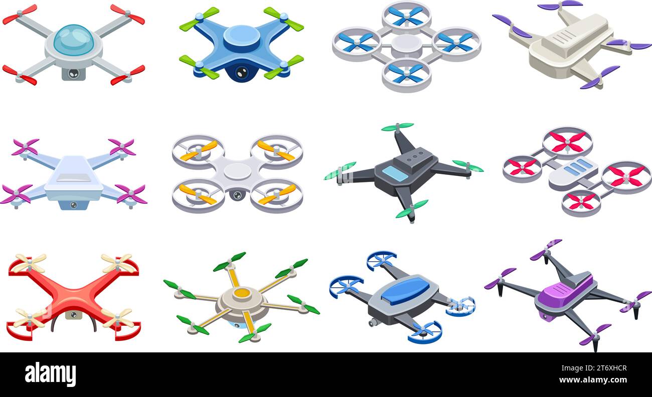 Isometric quadcopters. Different drones for delivery survey, uav surveillance unmanned ...
