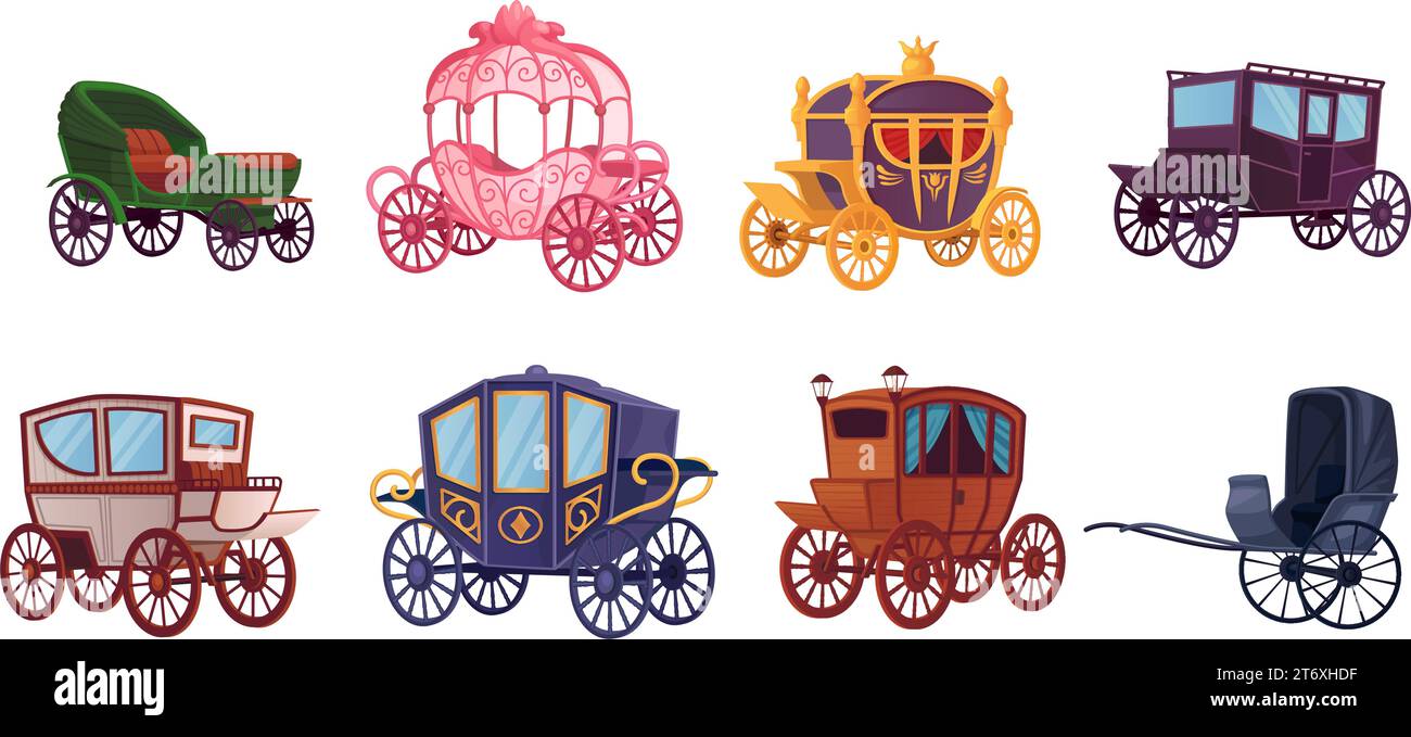 Cartoon vintage carriages. Carriage cargo wagon or royal luxury coaches ...