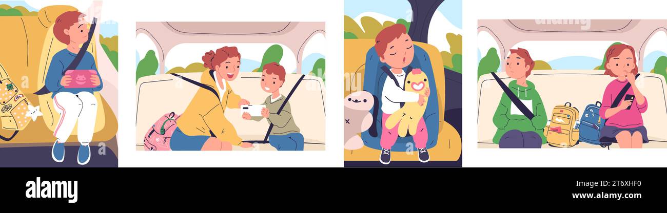 Kids inside car. Children siblings sitting in carseat or backseat with ...