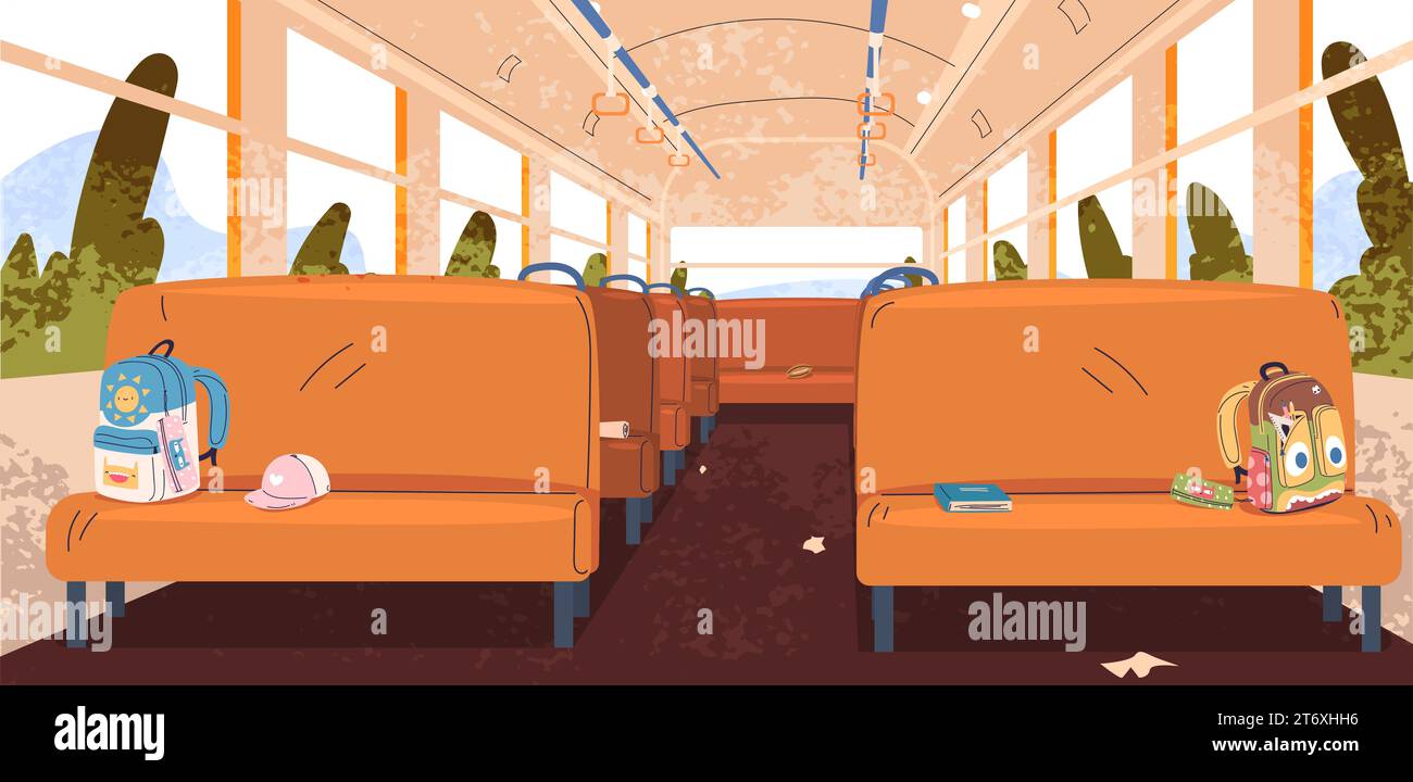 School bus interior. Aisle seat inside empty autobus, public transport ...