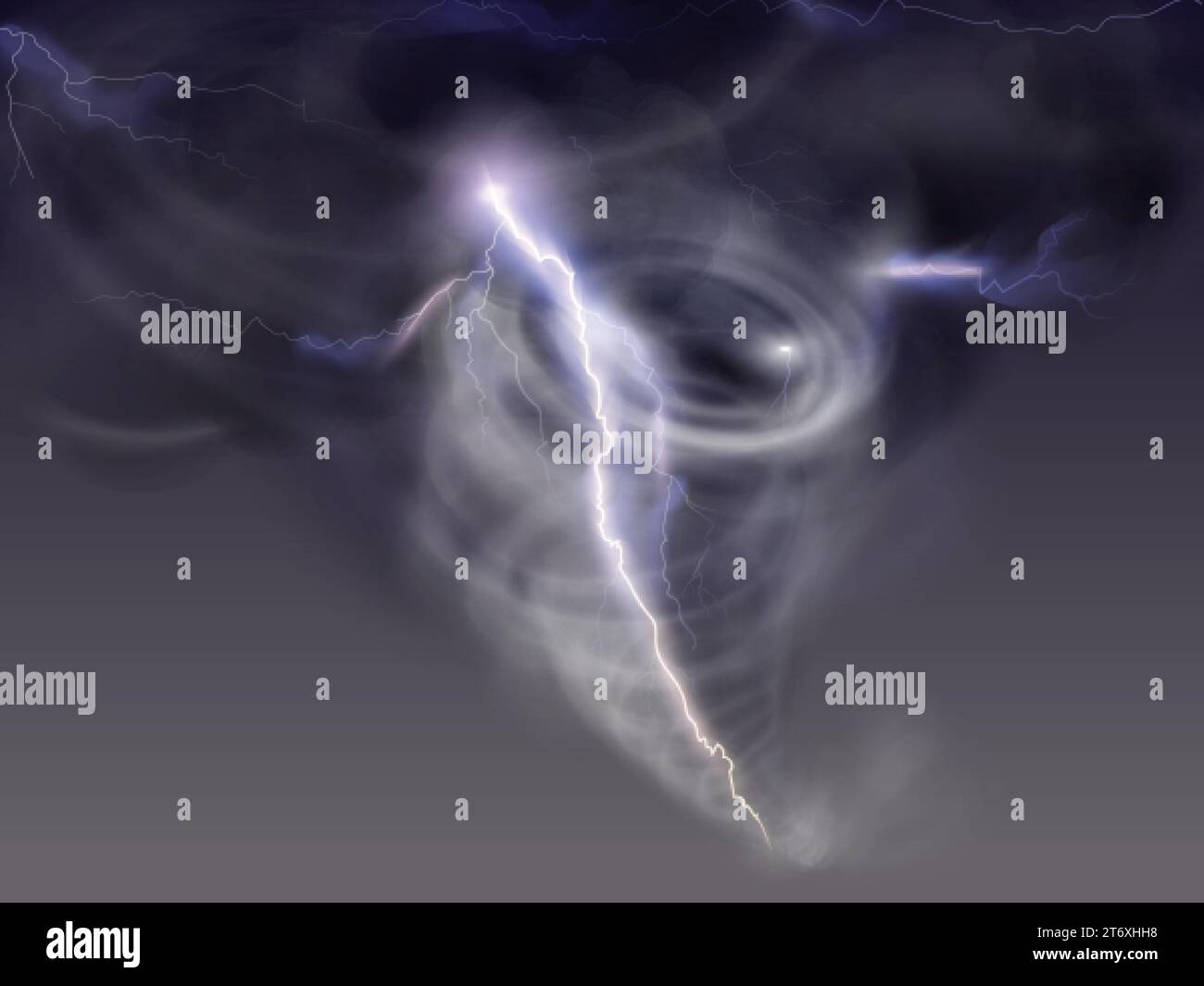 Realistic tornado with lightning. Storm cyclone, twist wind destruction ...