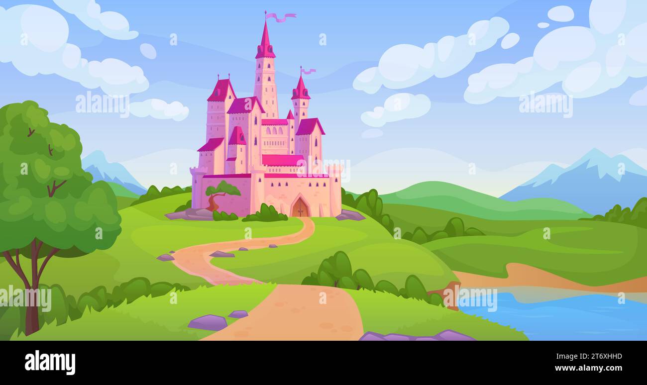 Fairytale castle landscape. Fantasy medieval palace mountain road ...