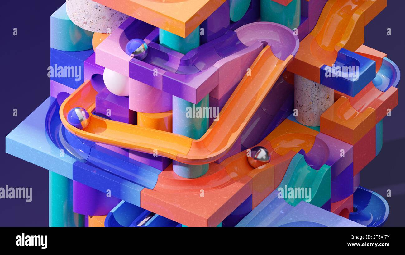 Colorful marble run machine on plain background. Rolling ball toys with ...