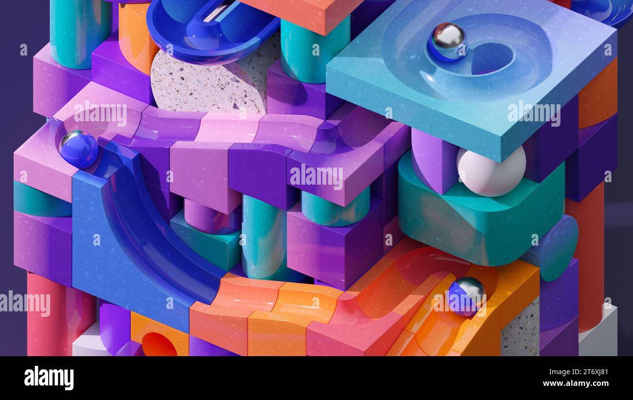 Colorful marble run machine on plain background. Rolling ball toys with ...