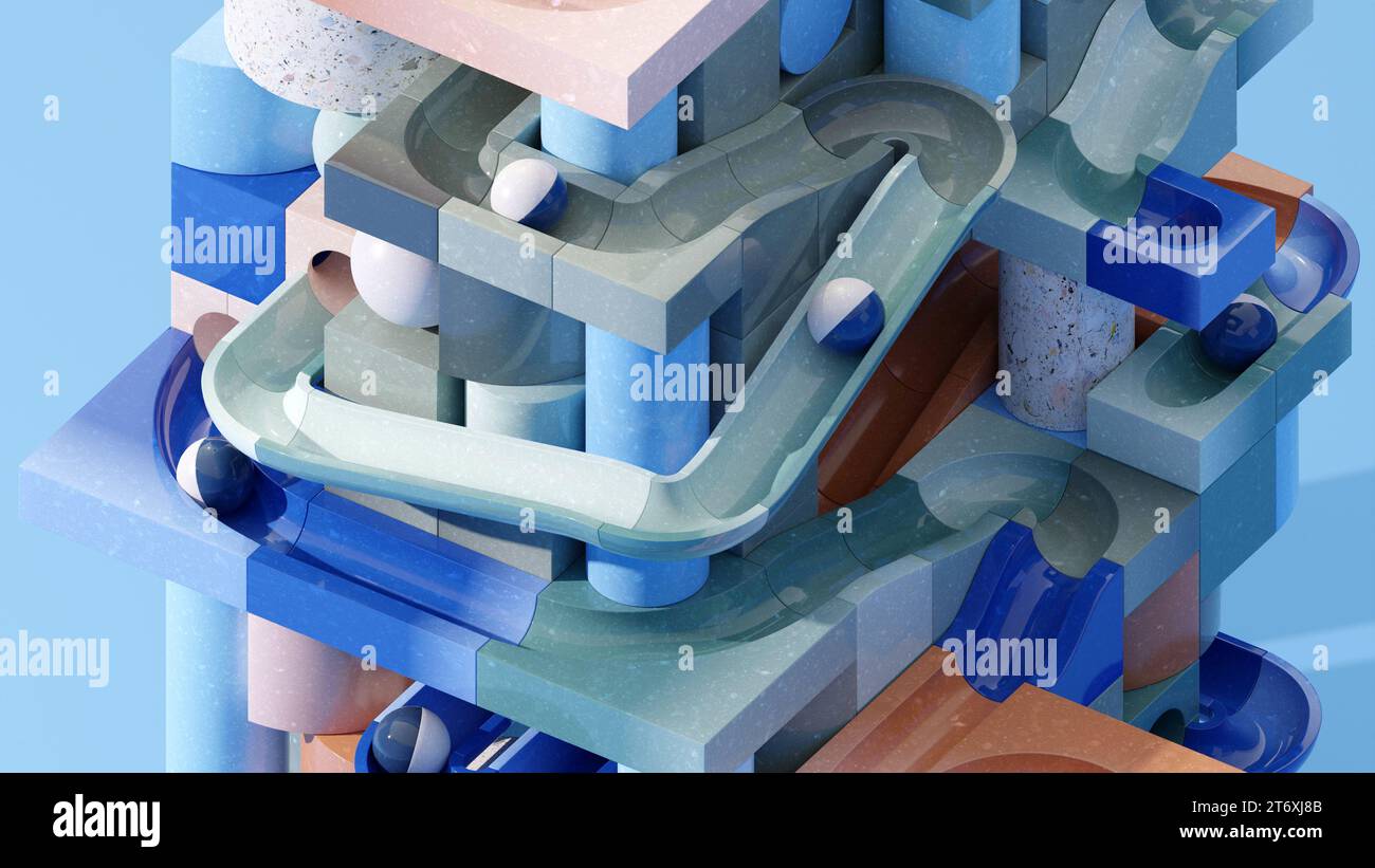 Colorful marble run machine on plain background. Rolling ball toys with ...