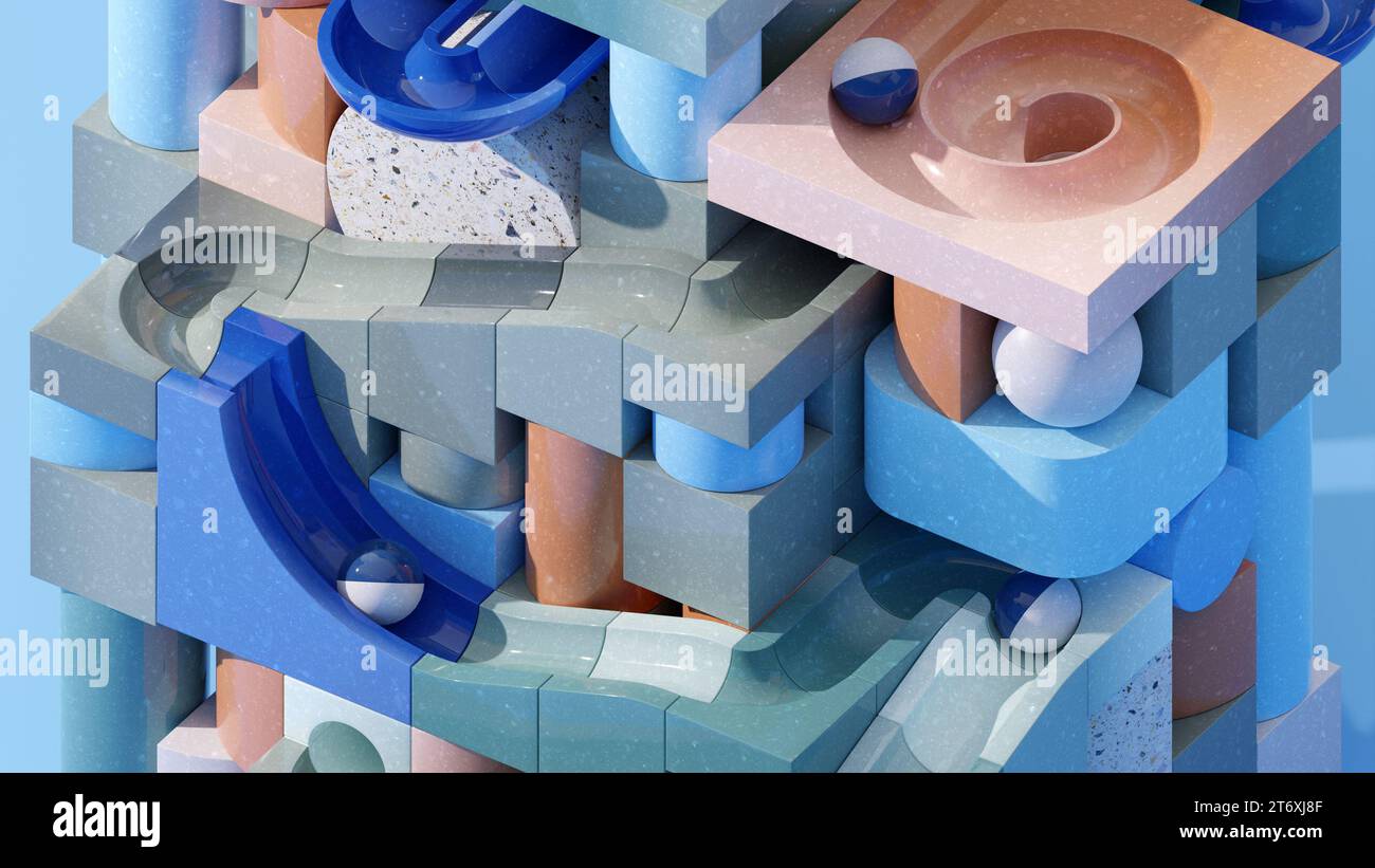 Colorful marble run machine on plain background. Rolling ball toys with ...