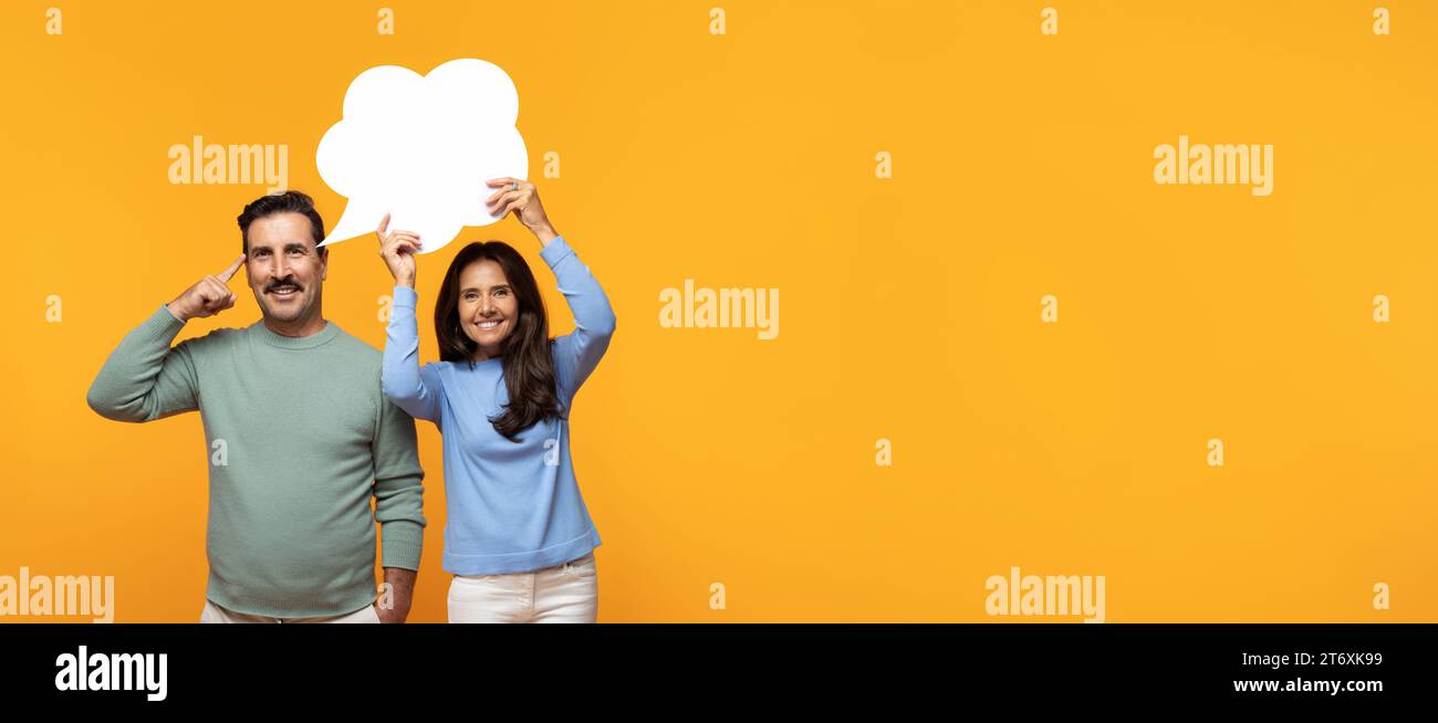 Cheerful senior caucasian lady in casual hold abstract bubble for think ...