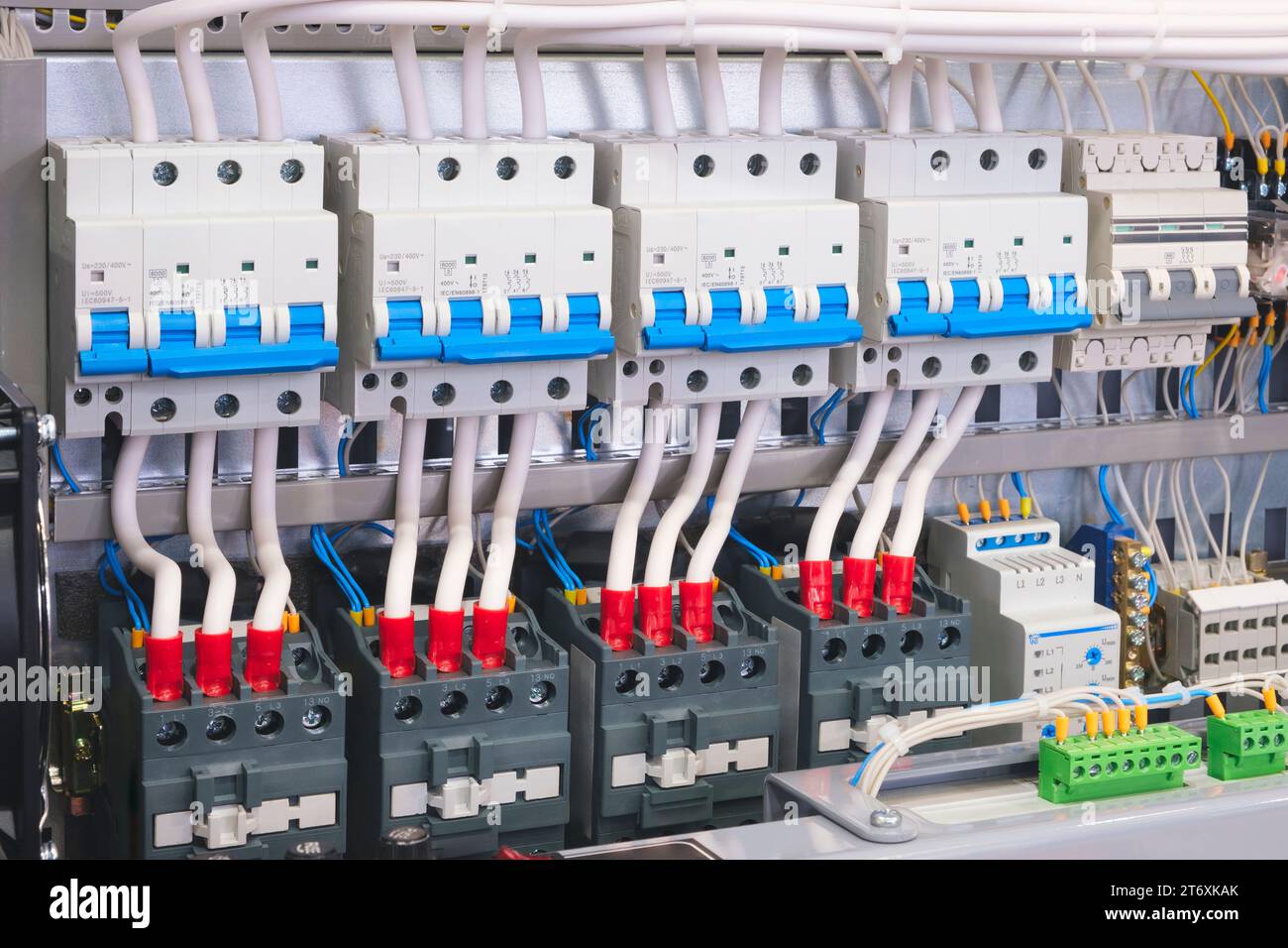 Voltage switchboard with circuit breakers. Electrical background Stock ...