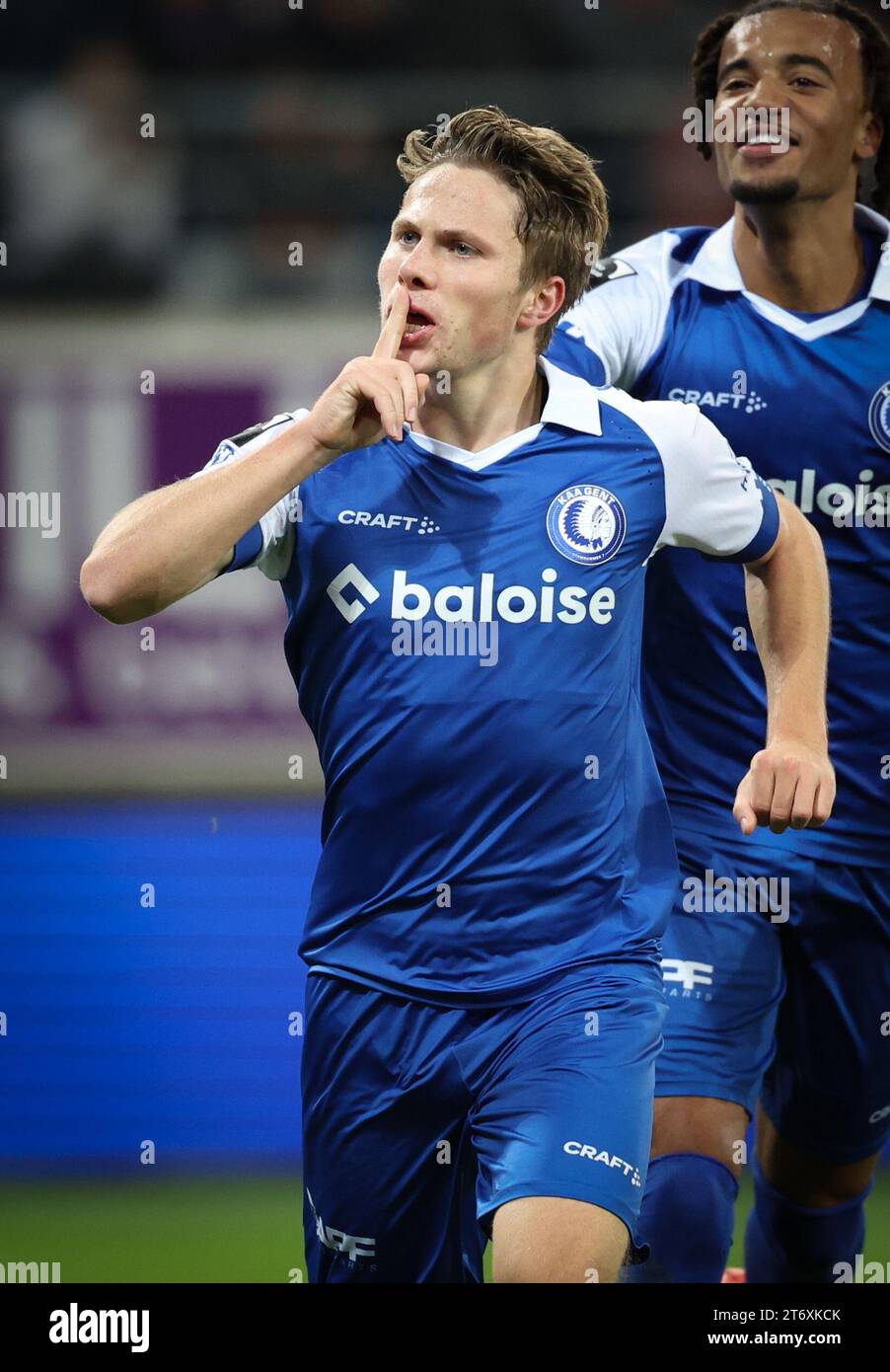 Gent's Matisse Samoise celebrates after scoring during a soccer match ...