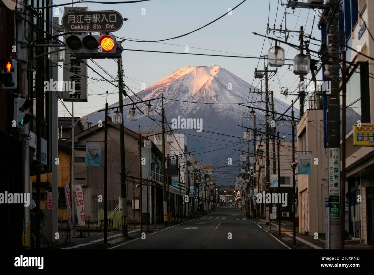 Views of Mount Fuji at dawn from the streets of the city of Fujiyoshida ...