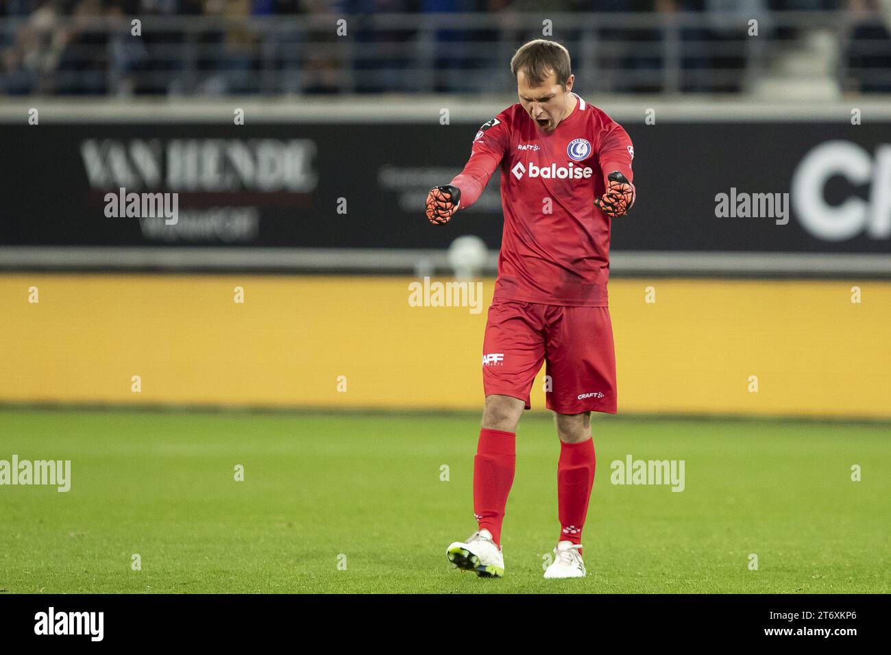 Gent's goalkeeper Davy Roef celebrates during a soccer match between ...