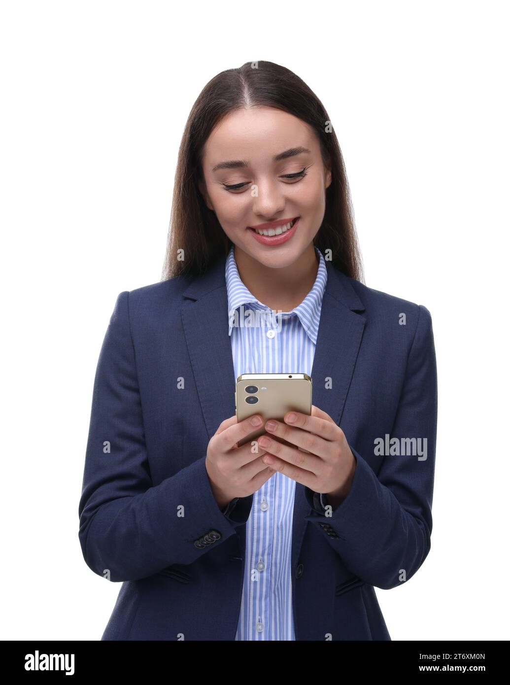 Happy woman sending message via smartphone on white background Stock ...