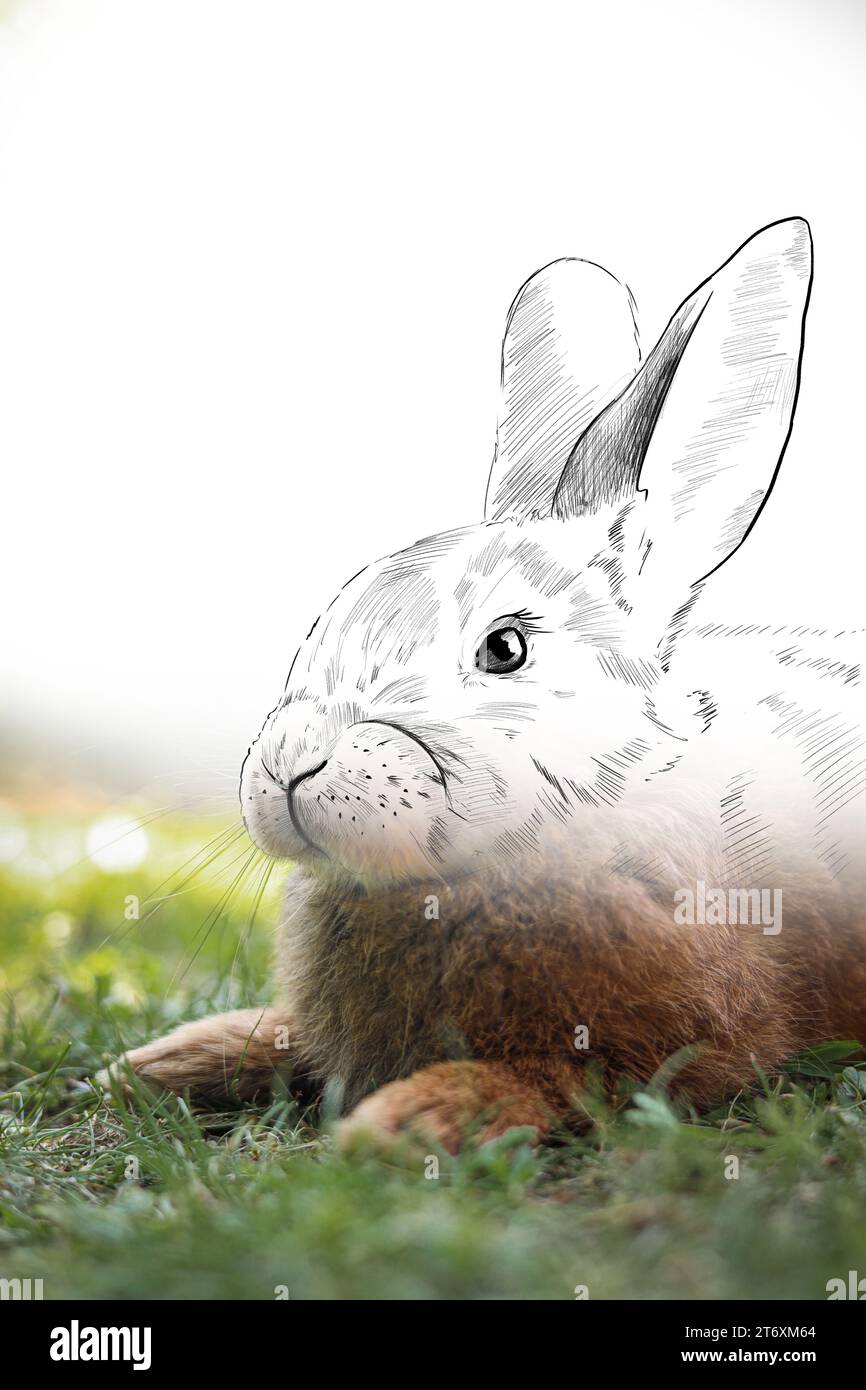 Cute fluffy rabbit on green grass, combination of photo and sketch ...