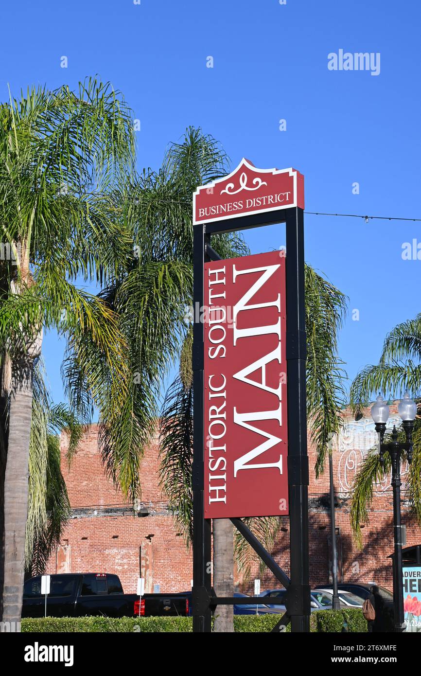 SANTA ANA, CALIFORNIA - 11 NOV 2023: Historic South Main Business District sign on Mains Street ...