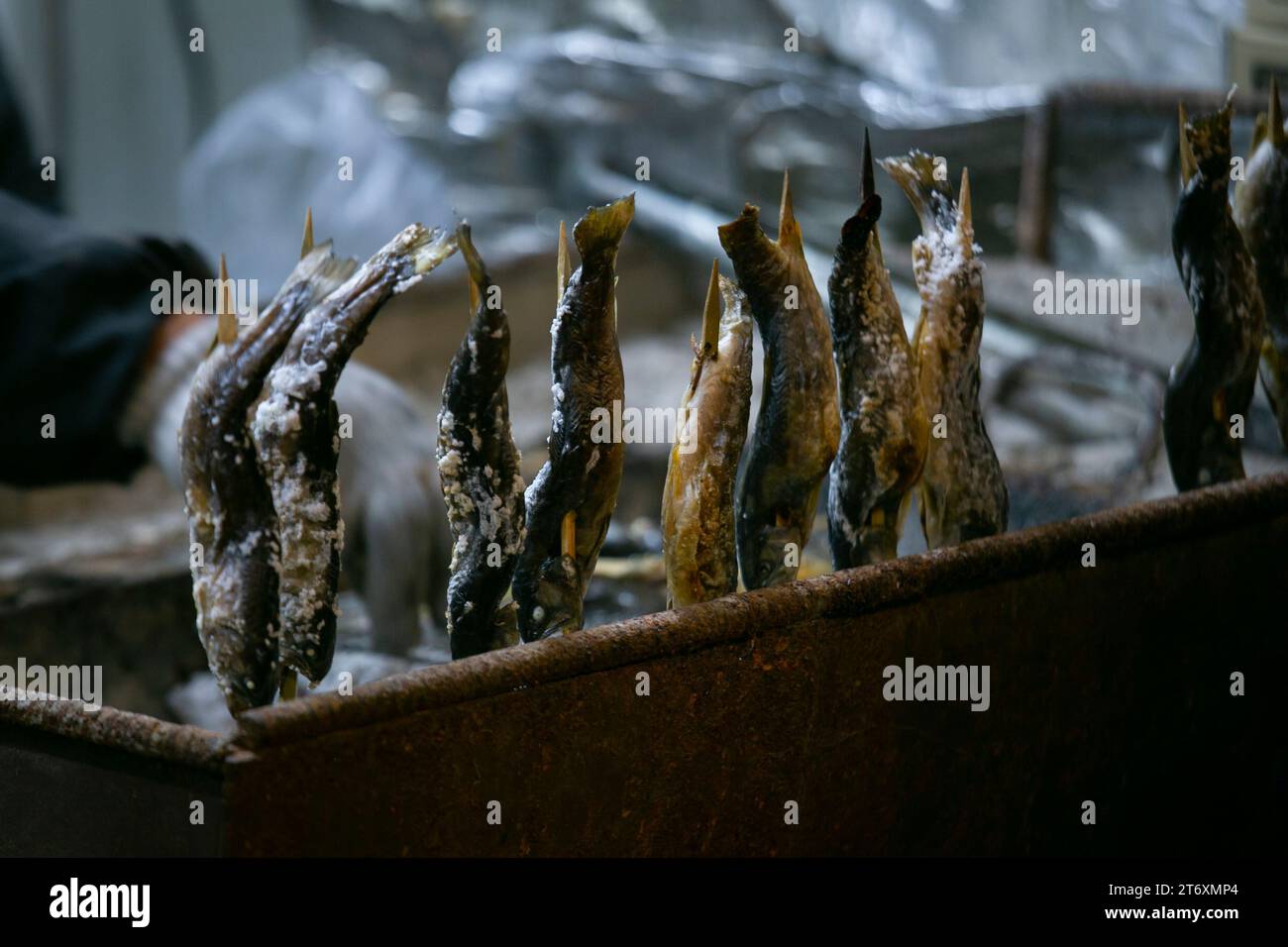 Ayu fish cooked on the grill in a street food stall in Japan Stock ...