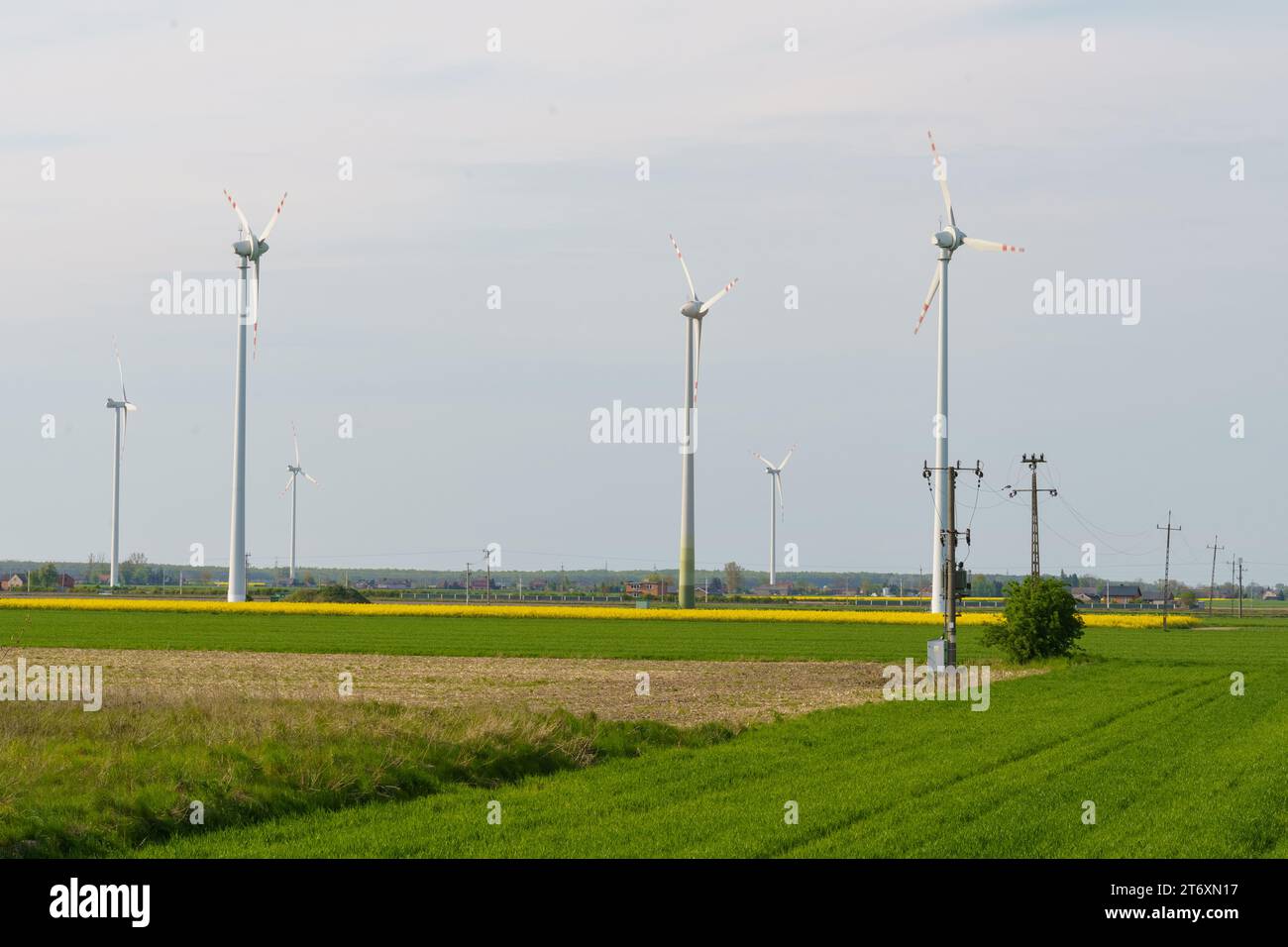 Wind turbines to generate electricity in plowed agricultural fields ...