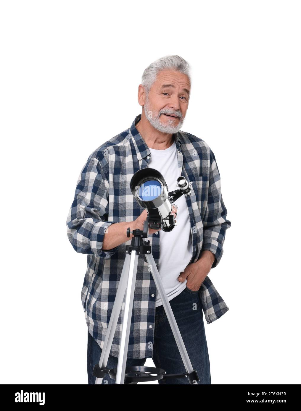 Senior astronomer with telescope on white background Stock Photo - Alamy