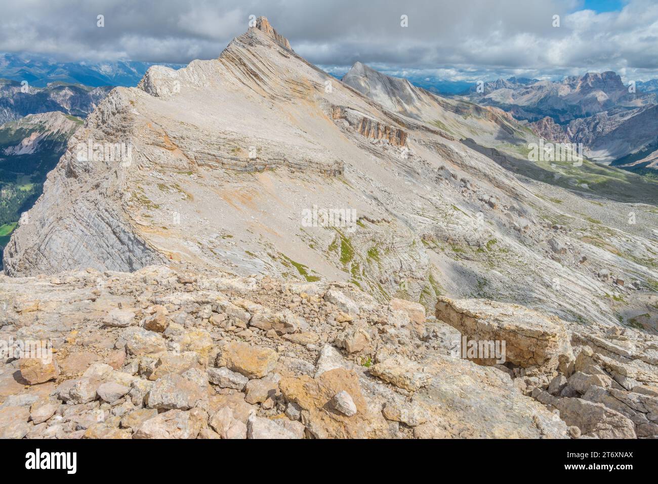 Imposing limestone summit of Sasso della Croce peak in the Fanes ...