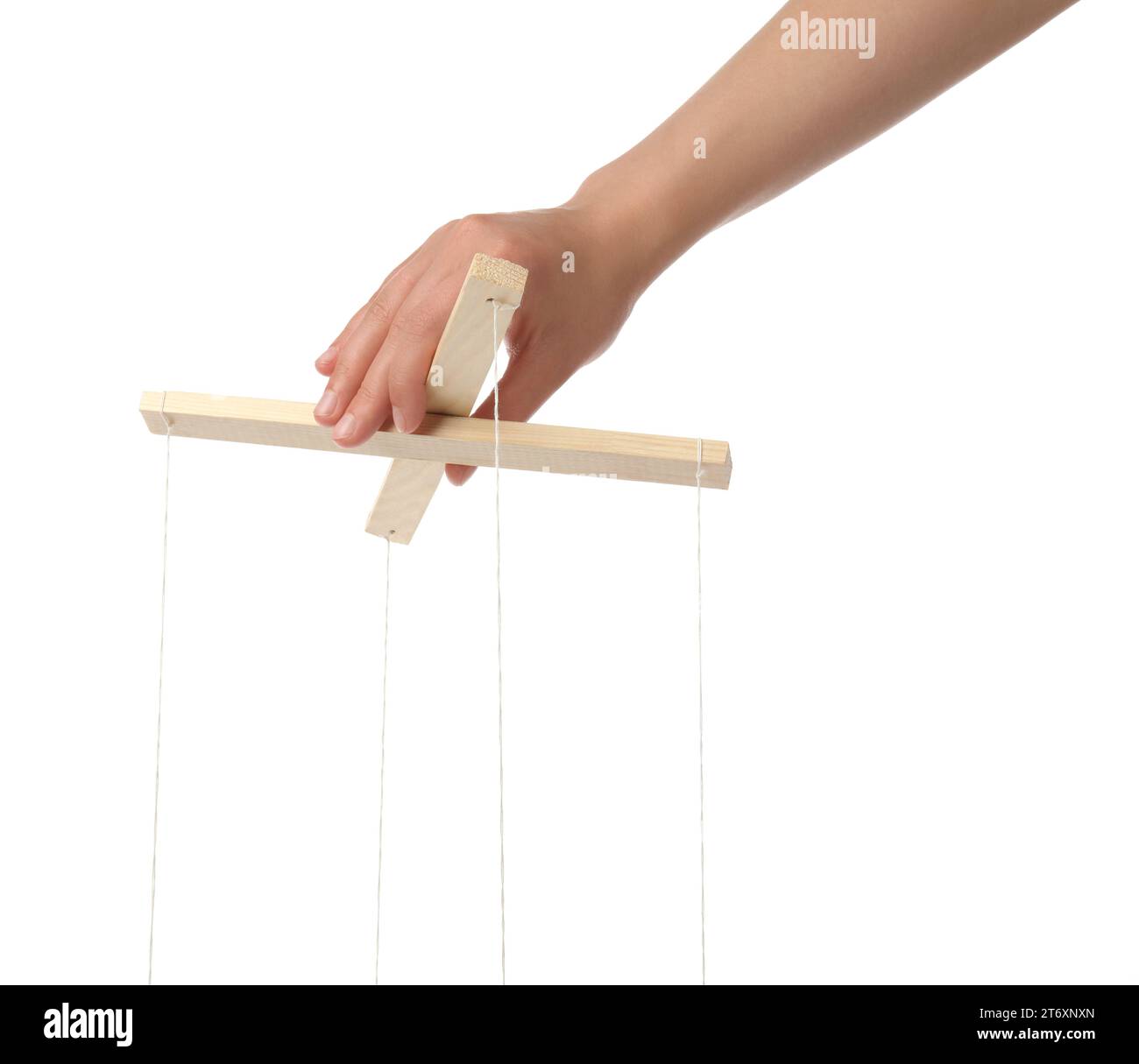 Woman pulling strings of puppet on white background, closeup Stock ...