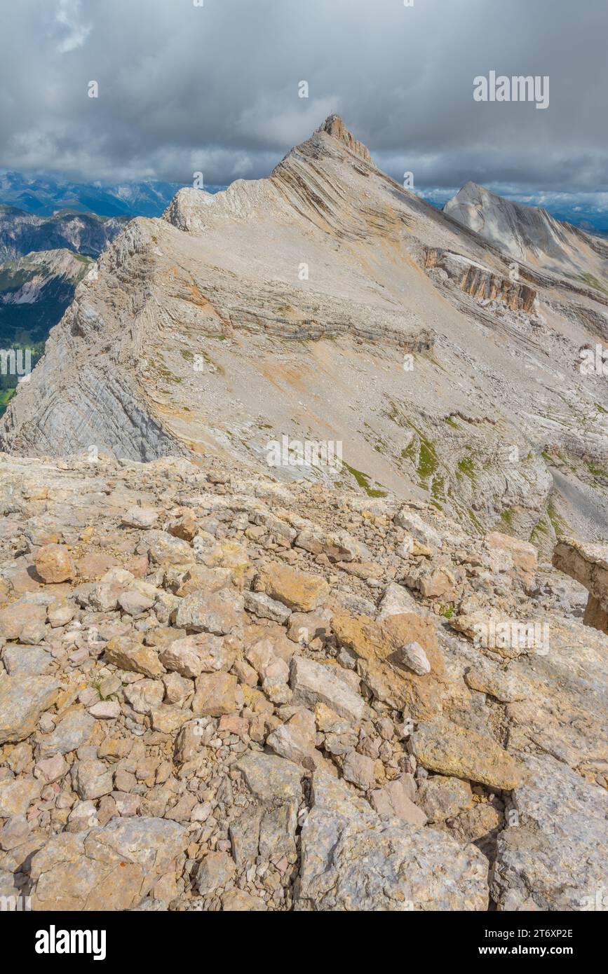 Imposing limestone summit of Sasso della Croce peak in the Fanes ...