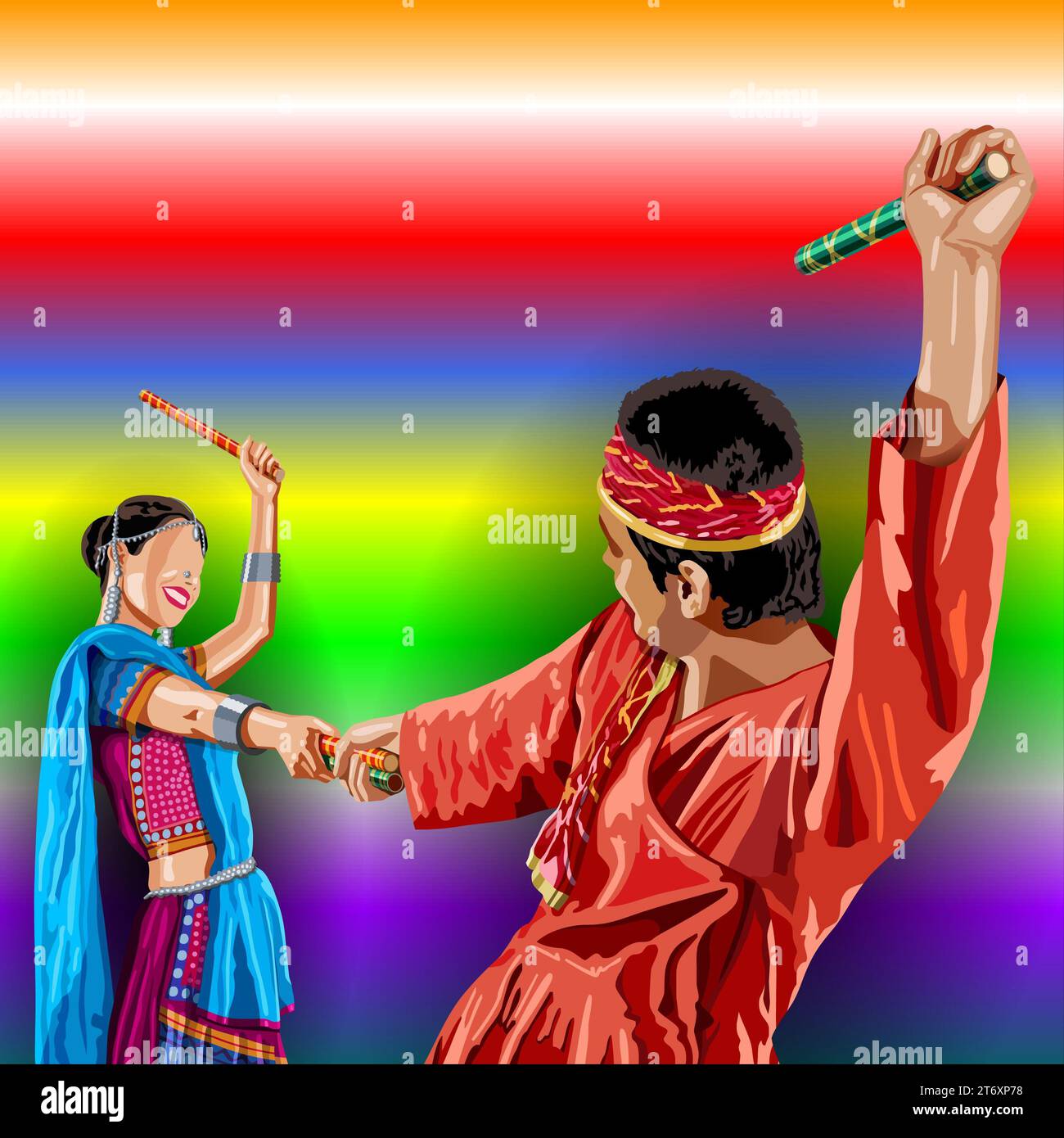 An Indian man and woman dancing Dandiya on colorful background Stock ...