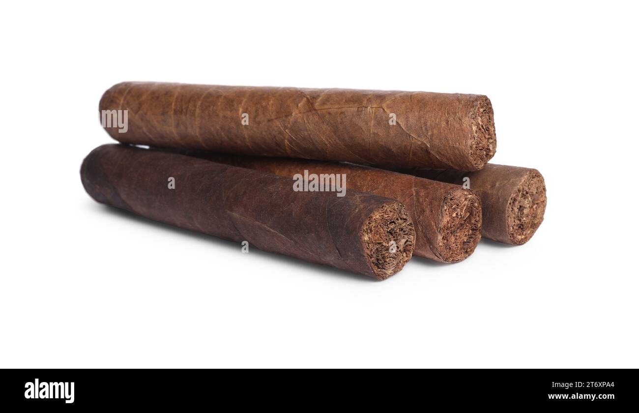 Cigars wrapped in tobacco leaves isolated on white Stock Photo - Alamy