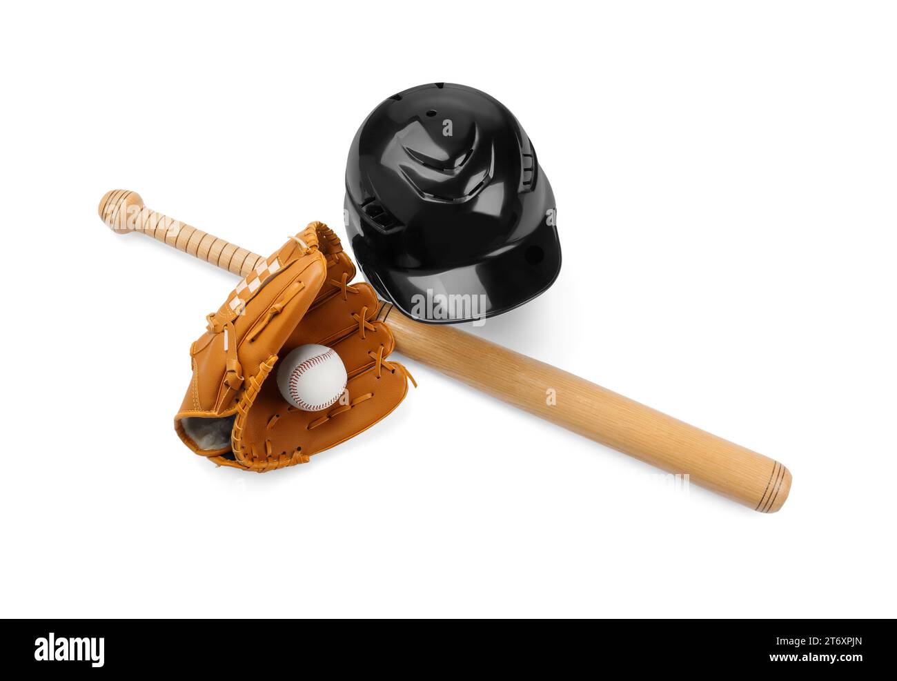Baseball glove, bat, ball and batting helmet isolated on white, top ...