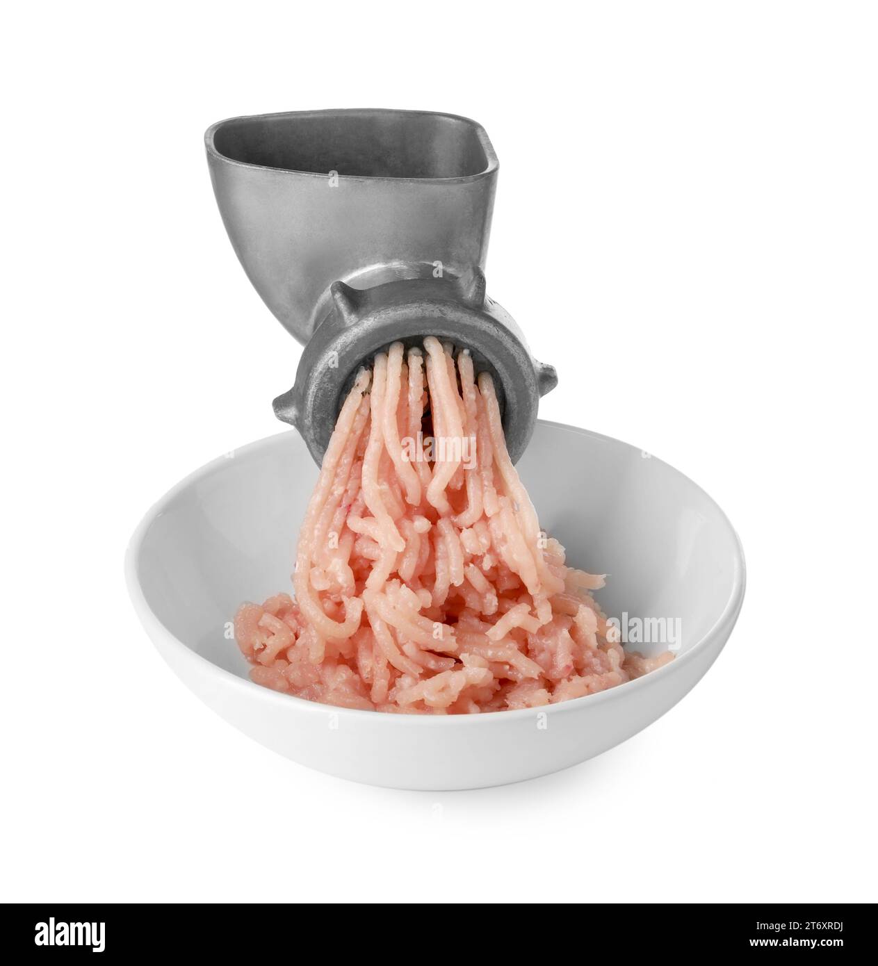 Metal meat grinder with chicken mince and bowl isolated on white Stock ...