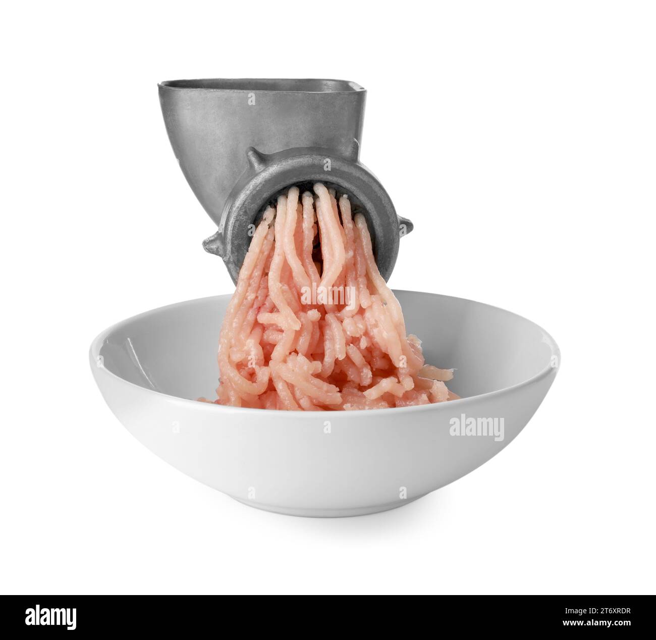 Metal meat grinder with chicken mince and bowl isolated on white Stock ...