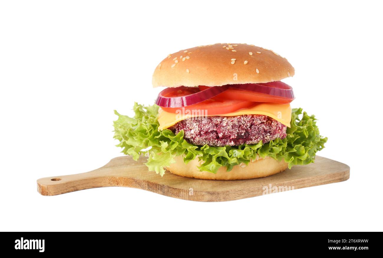 Tasty vegetarian burger with beet patty isolated on white Stock Photo ...