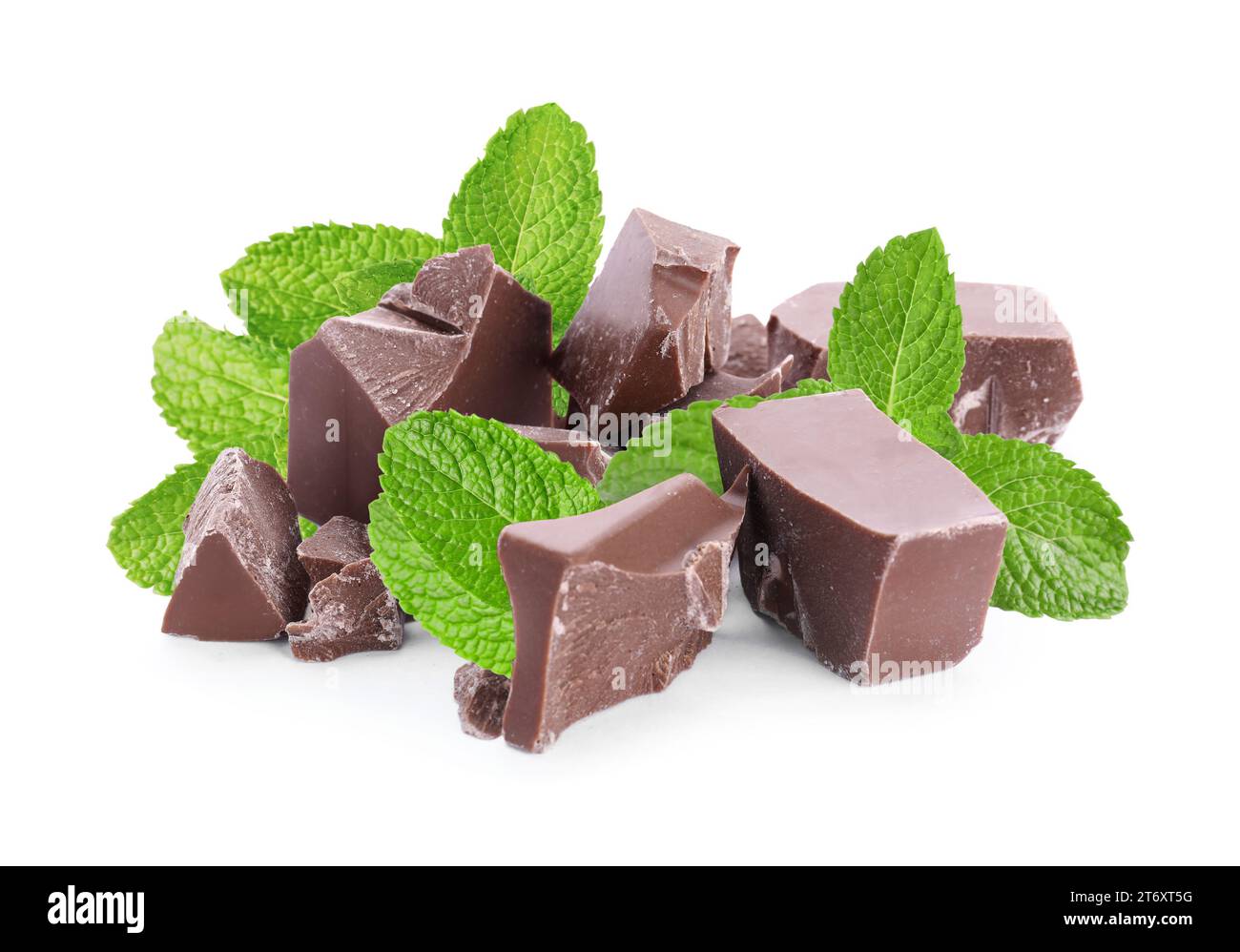 Milk chocolate chunks and mint leaves isolated on white Stock Photo - Alamy