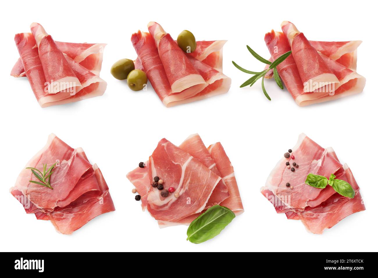 Delicious sliced jamon isolated on white, set Stock Photo - Alamy