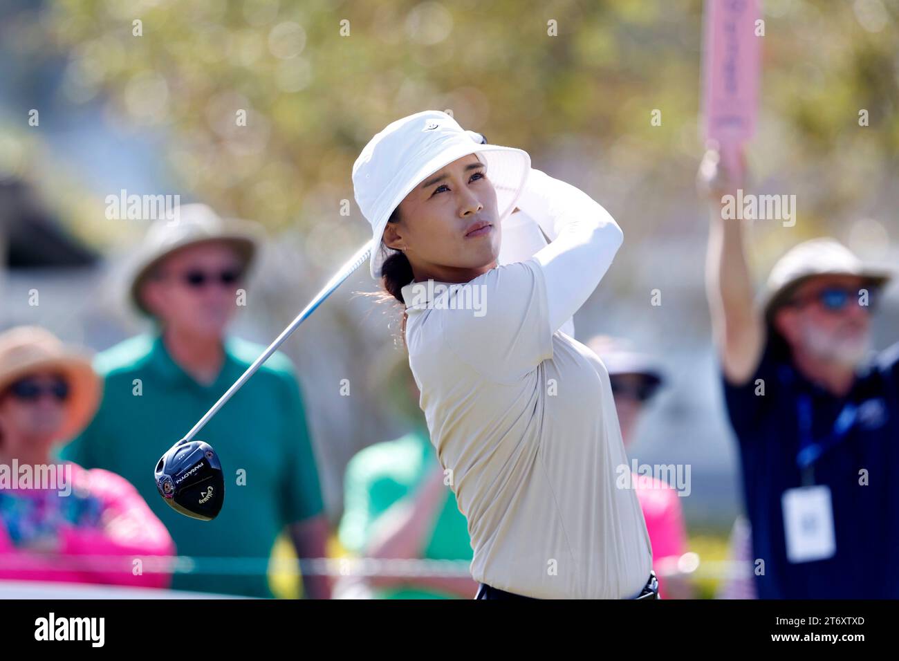 Amy Yang watches her tee shot on the seventh hole during the final ...