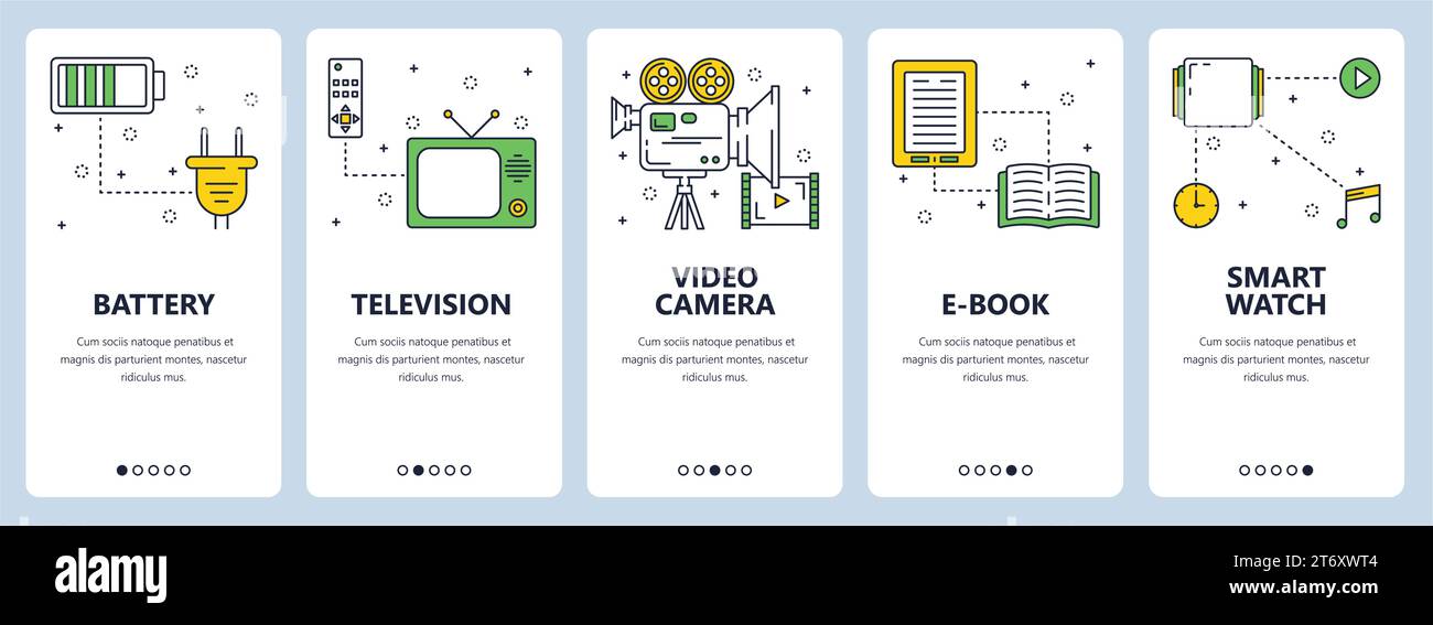Vector set of vertical banners with Battery, Television, Video camera ...