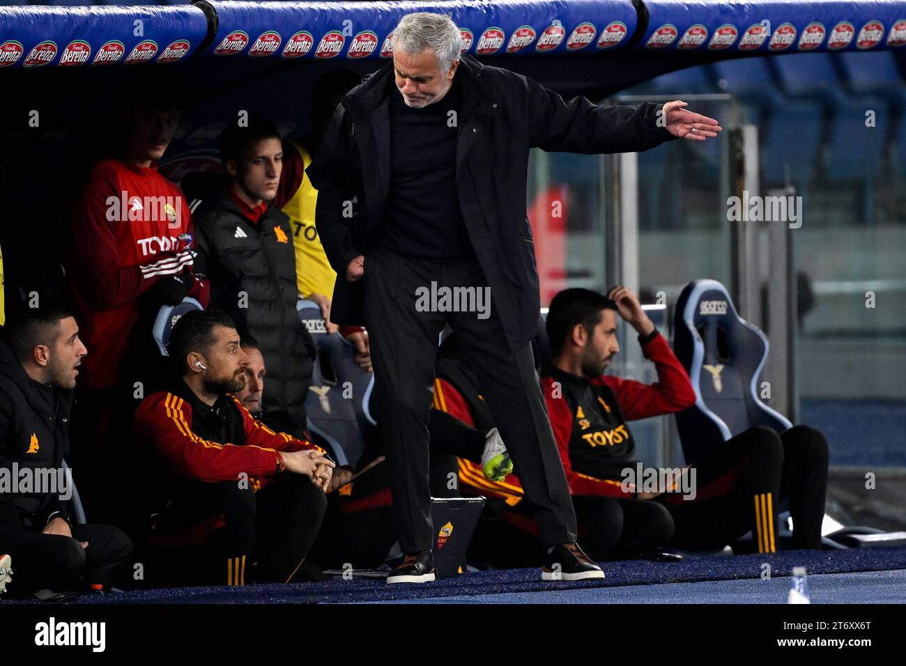 Jose Mourinho coach of AS Roma talks with his staff during the Serie A ...