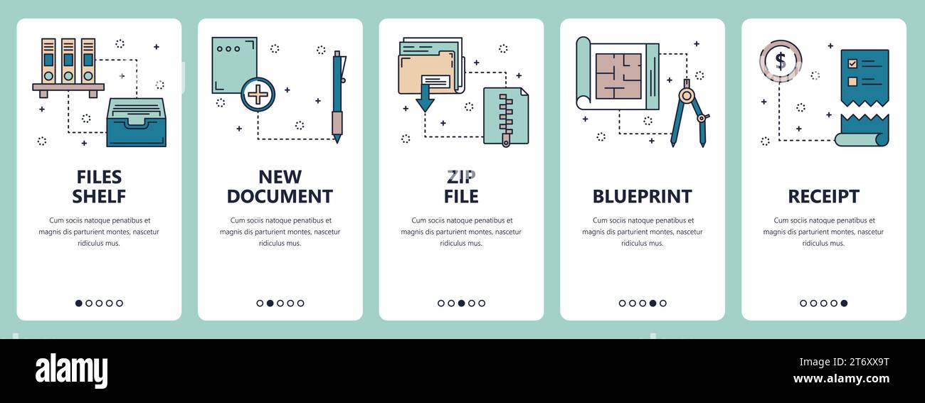 Vector set of vertical banners with Files shelf, New document, Zip file ...