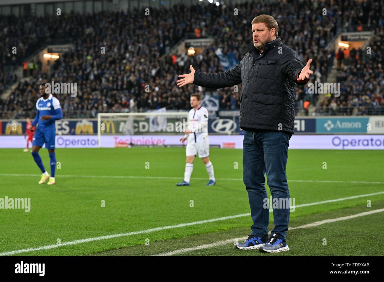Hein Vanhaezebrouck, head coach of AA Gent, gestures during the Jupiler ...