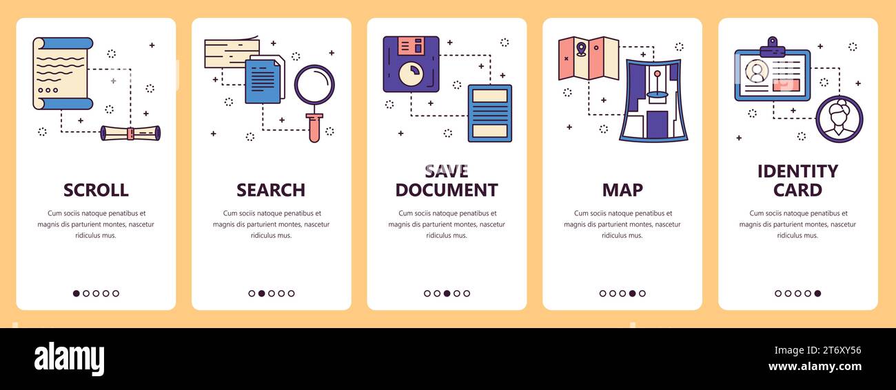 Vector set of vertical banners with Scroll, Search, Save document, Map ...