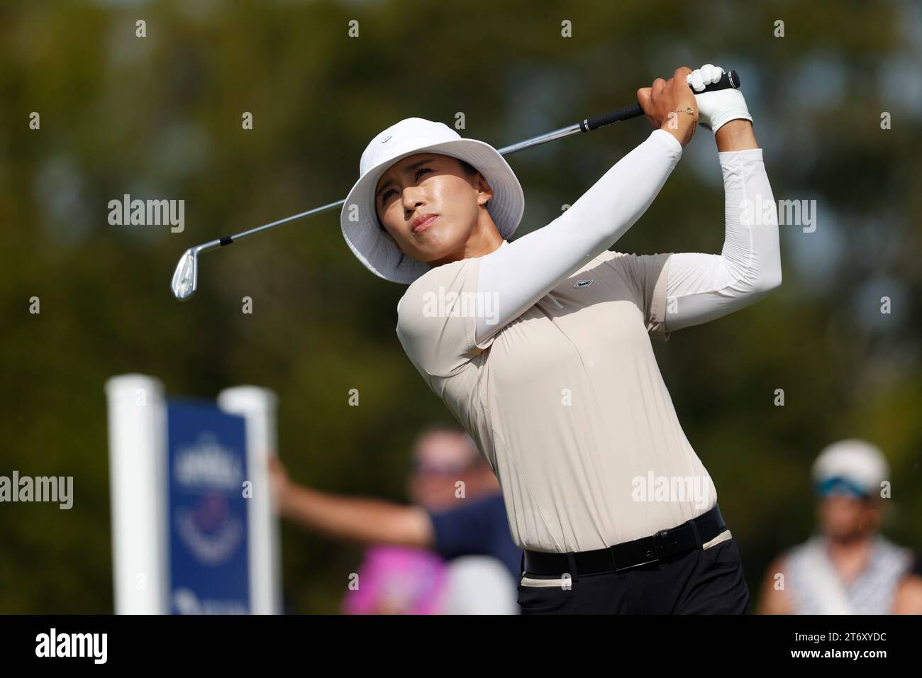 Amy Yang watches her tee shot on the third hole during the final round ...