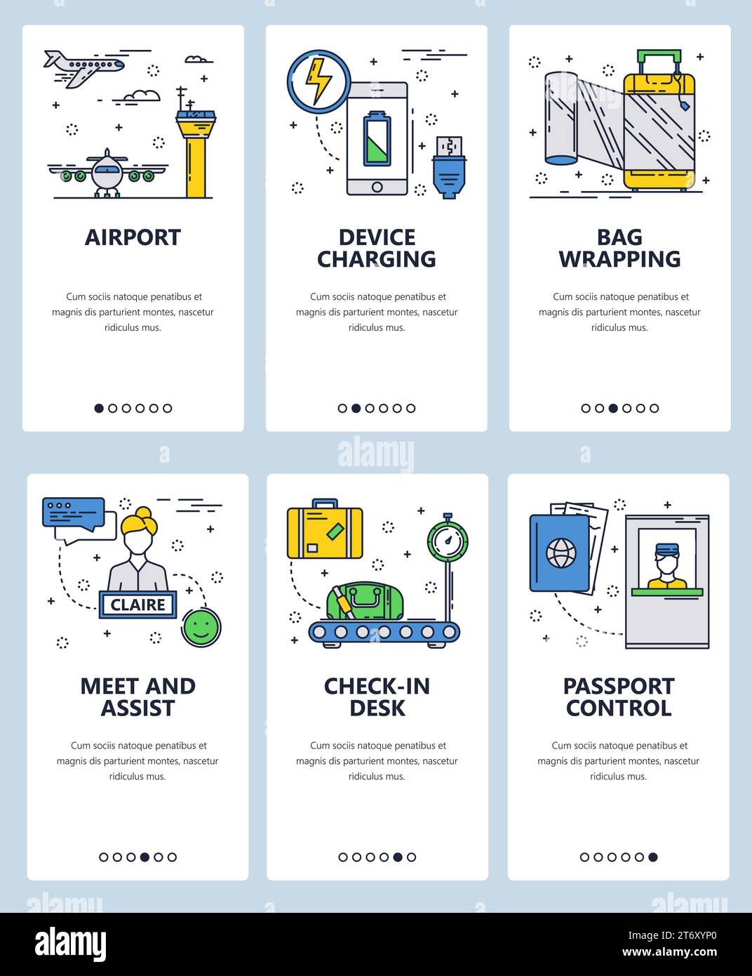 Vector set of mobile app onboarding screens. Airport, Device charging ...