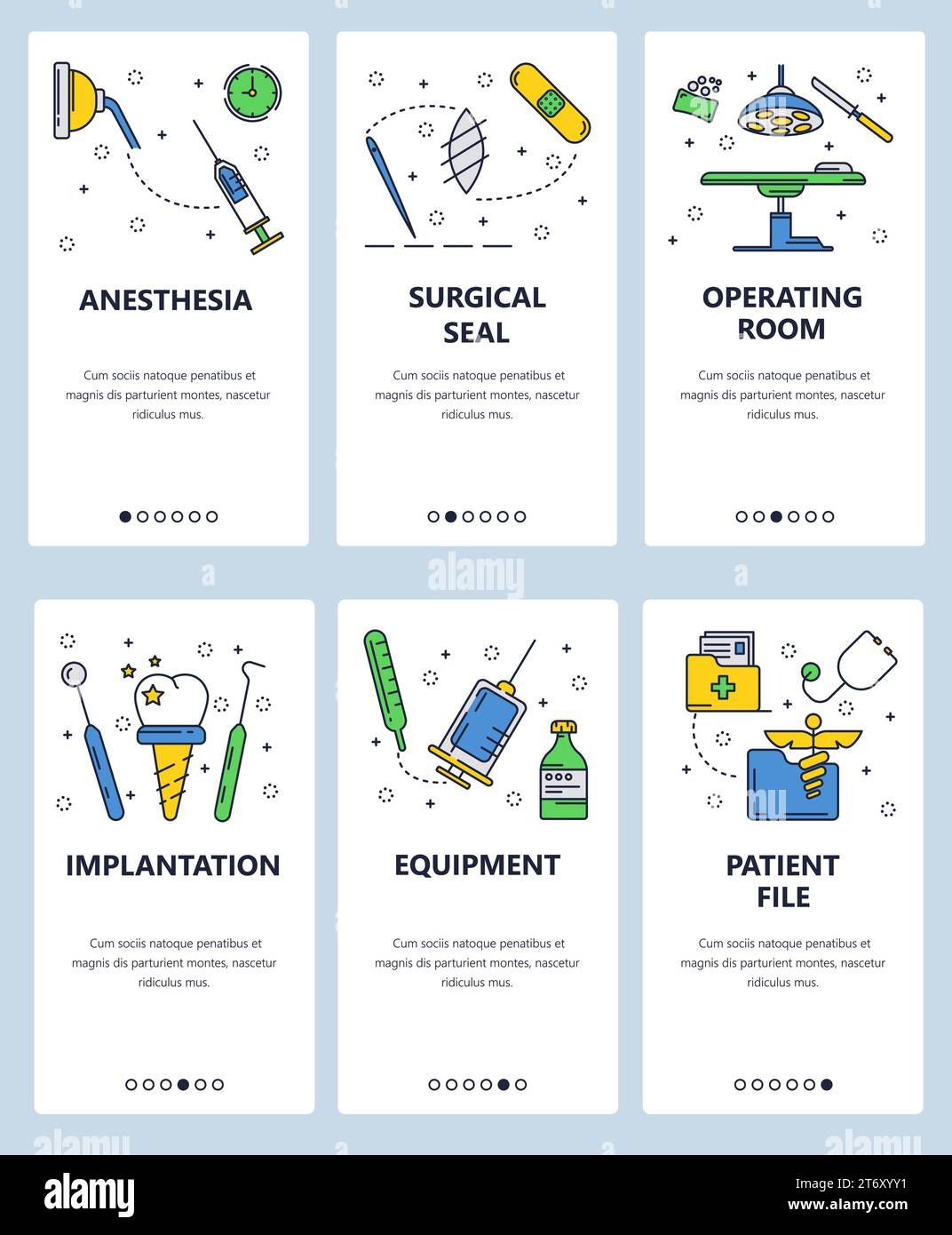 Vector set of mobile app onboarding screens. Anesthesia, Surgical seal ...