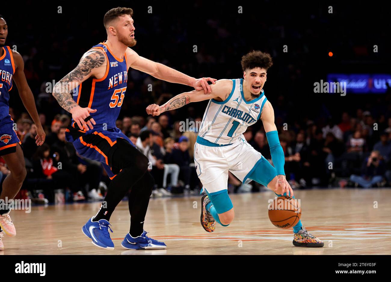 Charlotte Hornets guard LaMelo Ball (1) drives past New York Knicks ...