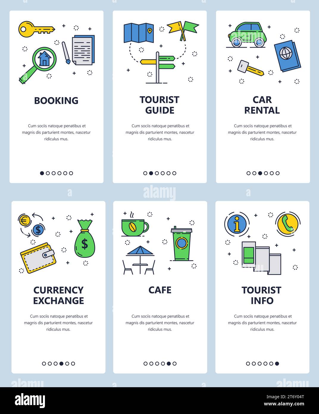 Vector set of mobile app onboarding screens. Booking, Tourist guide ...