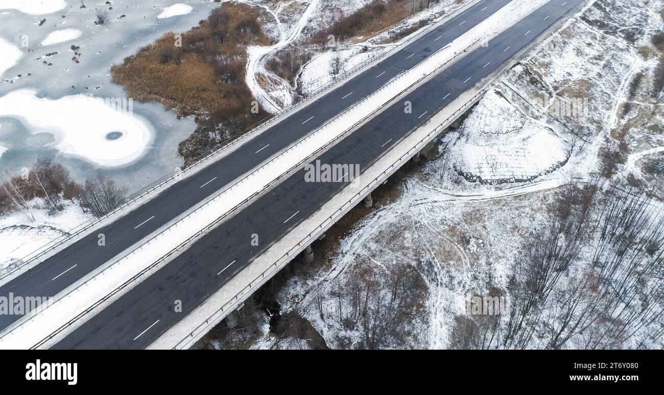 Drone winter bridge aerial frozen road landscape Stock Photo - Alamy