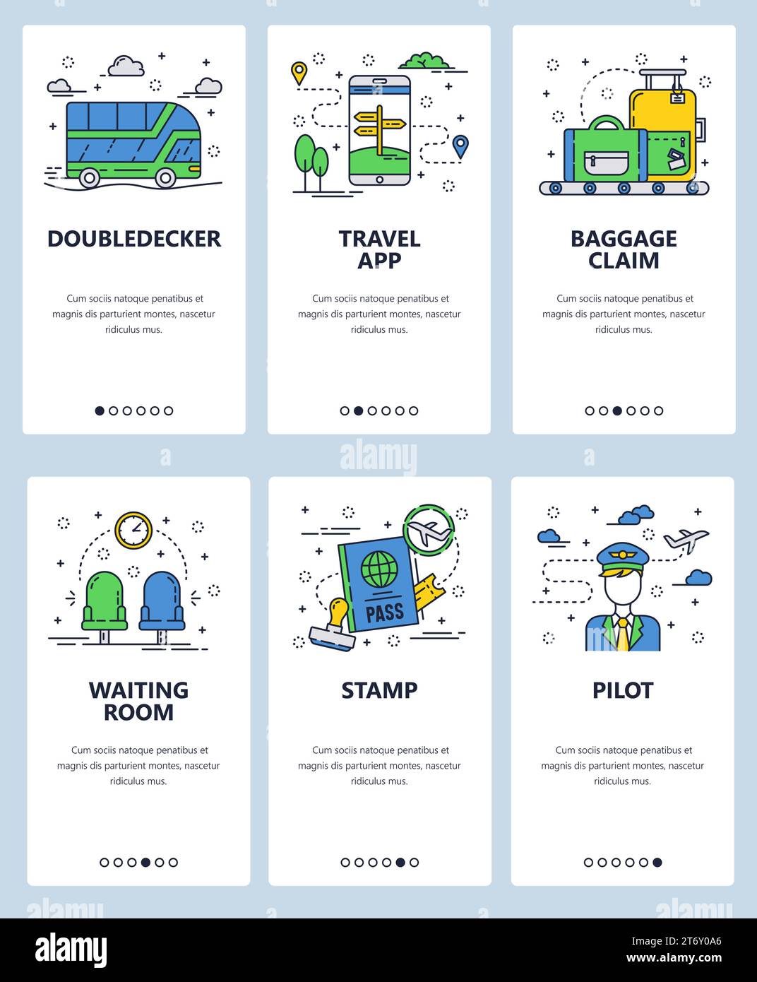 Vector Set Of Mobile App Onboarding Screens Doubledecker Travel App Baggage Claim Waiting