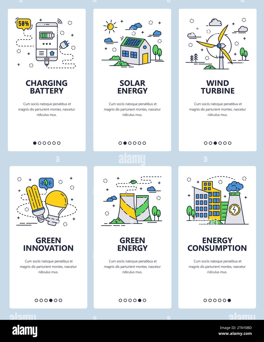 Vector set of mobile app onboarding screens. Charging battery, Solar ...