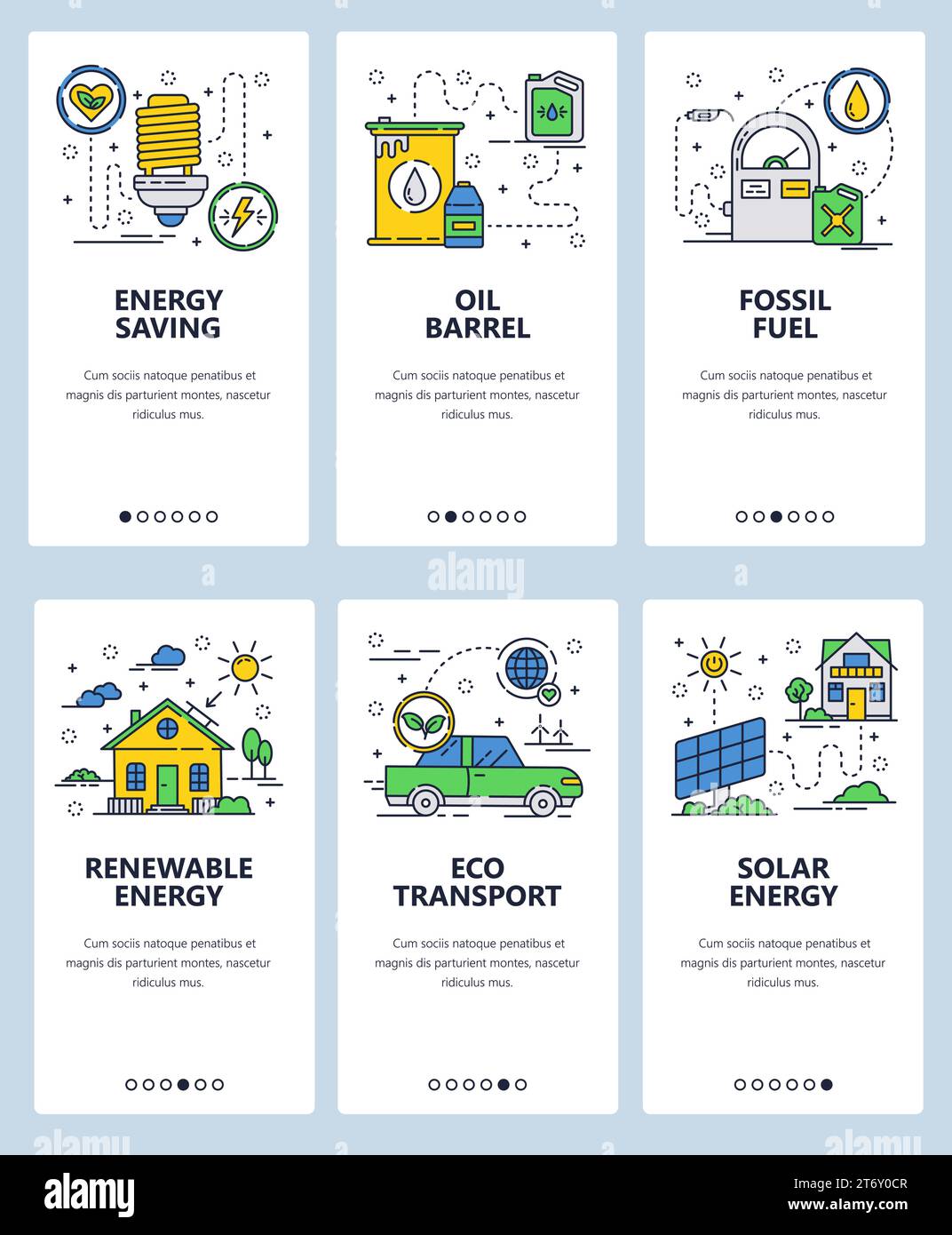 Vector set of mobile app onboarding screens. Energy saving, Oil barrel ...