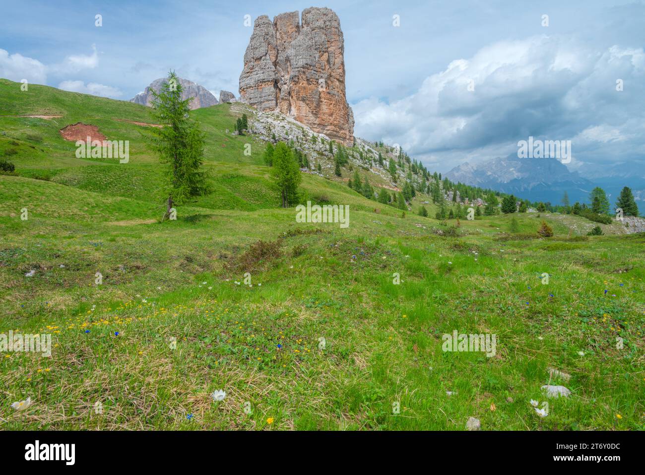 Eroded solitary limestone tower in the Cinque Torri area of the Ampezzo ...