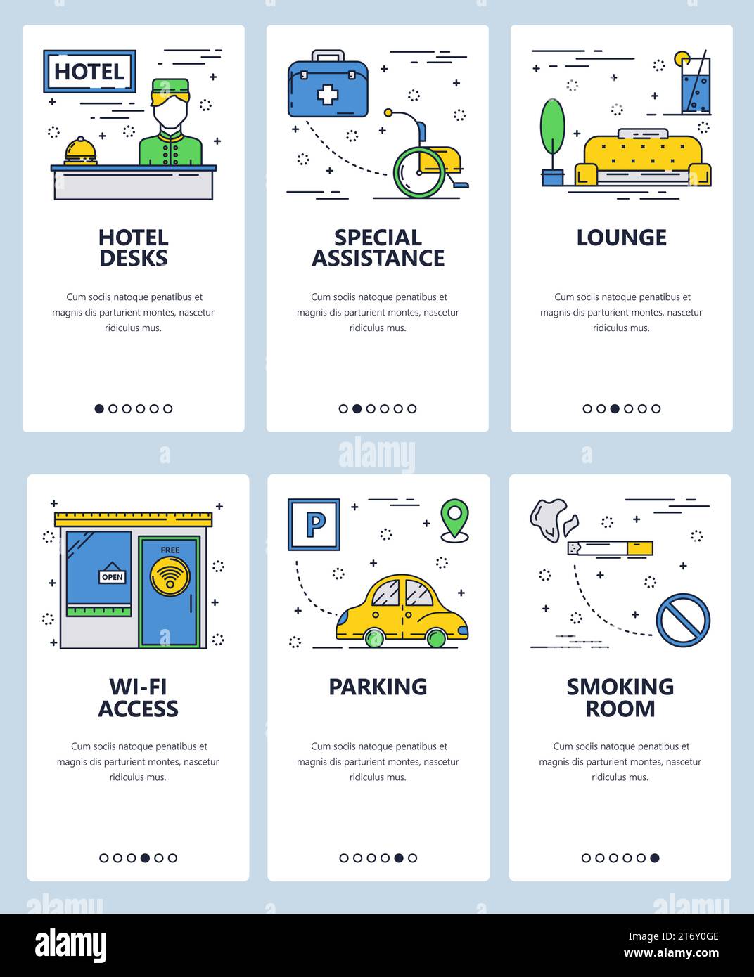Vector set of mobile app onboarding screens. Hotel desk, Special ...