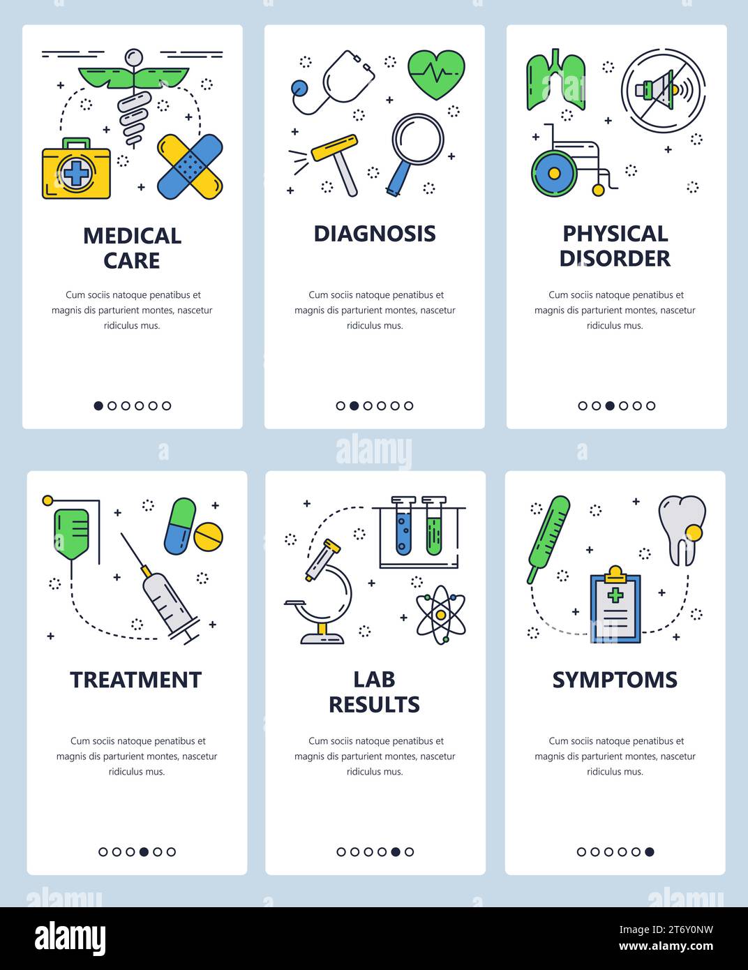 Vector set of mobile app onboarding screens. Medical care, Diagnosis ...